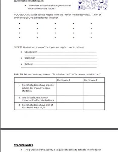 L'École - French School Anticipation Guide / Pre-Unit Cultural Introduction