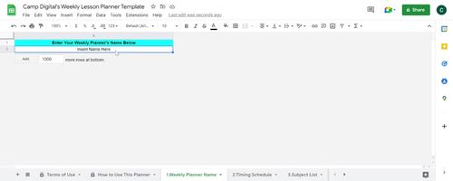 Weekly Lesson Plan Template- Google Sheets by Camp Digital | TpT