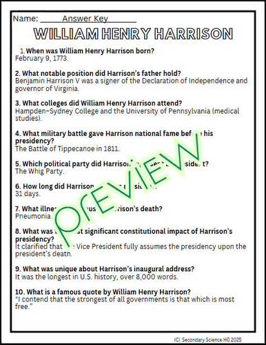William Harrison Study Guide with Worksheet, PDF Coloring and Review ...