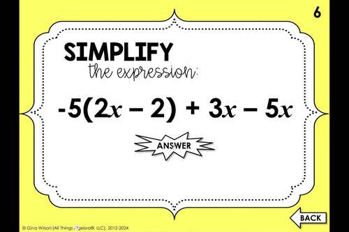 Simplifying Expressions (Distribute & Combine Like Terms) | Bingo Game