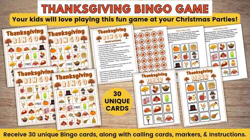 Thanksgiving Bingo Game for Kids, Thanksgiving Bingo Cards, Class Party ...