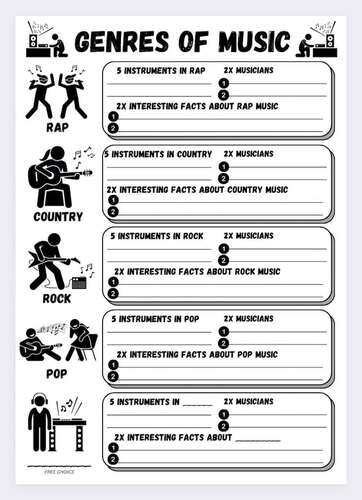 Music Genres Workbook | Easy No prep/Sub Lesson Printable Worksheet Handout