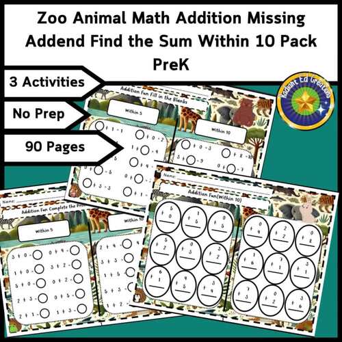 Zoo Animal Math Addition Missing Addend Find the Sum Within 10 Pack PreK