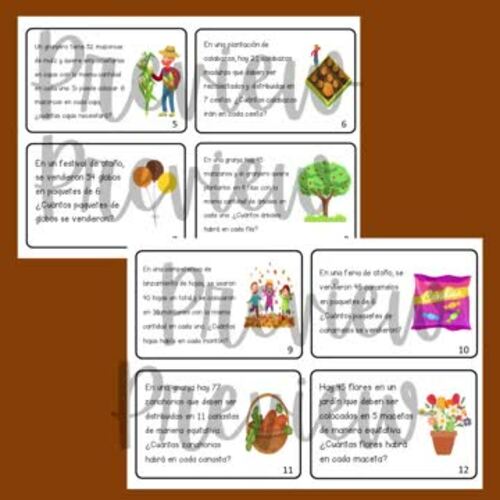 Tarjetas de Problemas de División de Otoño Fall Word Problems in Spanish