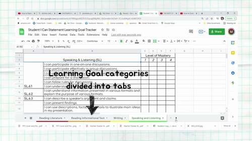 6th Grade ELA Common Core Learning Goal Digital Self Assessment Tracker ...