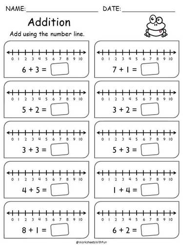 Number Line Addition to 10, Kindergarten Worksheets, Math Review, T-289