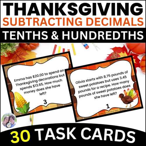 Thanksgiving Subtracting Decimals Word Problems Task Cards Tenths ...