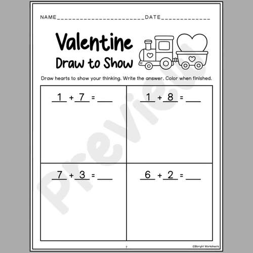 Valentine Draw to Show Addition Worksheets Within 10 Pre-K & K No Prep