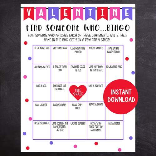 Valentine's Find Someone Bingo Game, Printable Valentine's Icebreaker Game