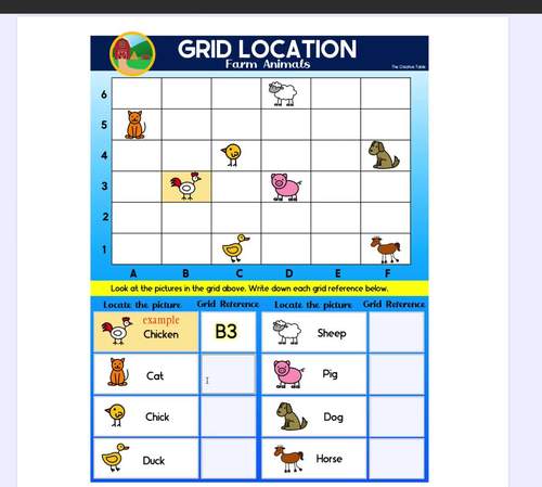 Grid Location digital worksheet (Farm animal grid reference activity)