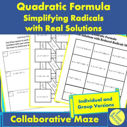 Quadratic Formula Maze- Simplifying Radicals Real Solutions-Group or ...
