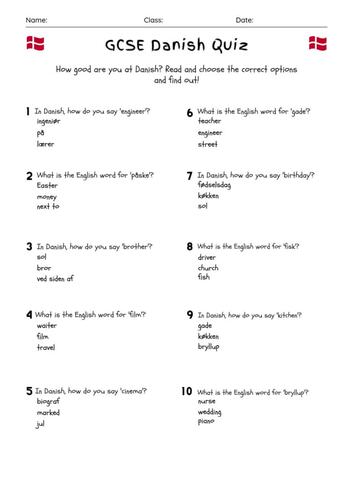 20 GCSE Foundation Level Danish Multiple Choice Quiz Worksheets PDF
