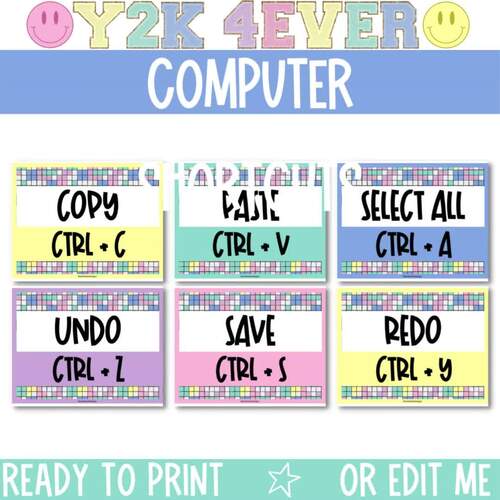 Editable Keyboard Shortcut Posters / Computer Lab Posters / Retro Y2K Decor