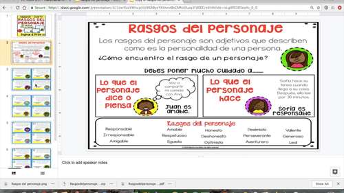 Rasgos del personaje - Character Traits in Spanish - Google Classroom ...