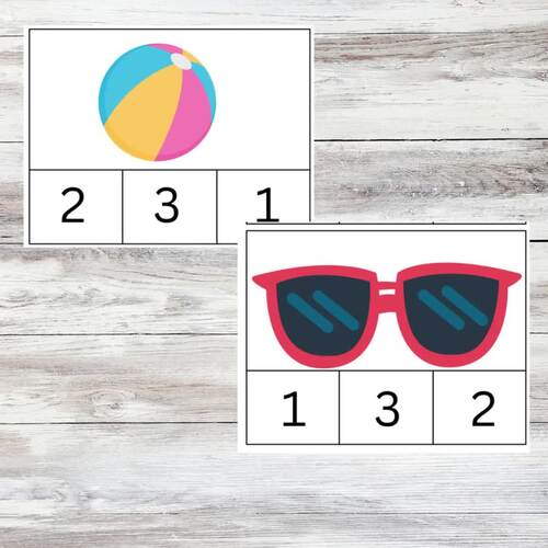 Summer Counting Clip Cards -Pre-k kinder math activity Centers- Number Math