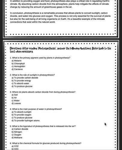 Photosynthesis Reading Passage Comprehension & Essay Questions | TPT