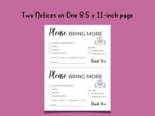 Please Bring More Supplies | Daycare Parent Notice | Childcare Notice