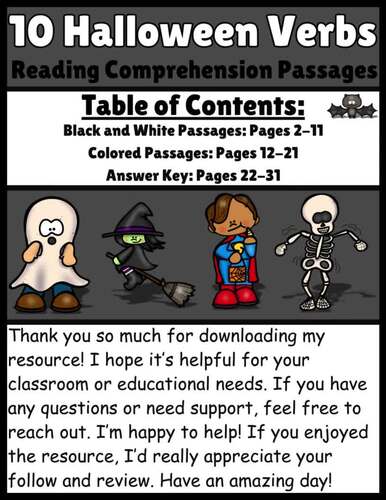 10 Halloween Verb Reading Comprehension Passages 1st Grade 2nd Grade ...