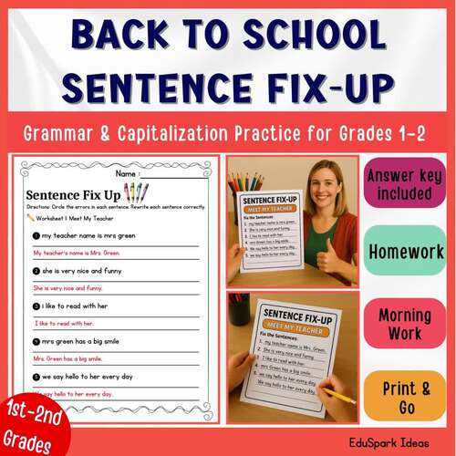 Back to School Sentence Fix-Up Worksheets | for 1st-2nd Grades | TPT