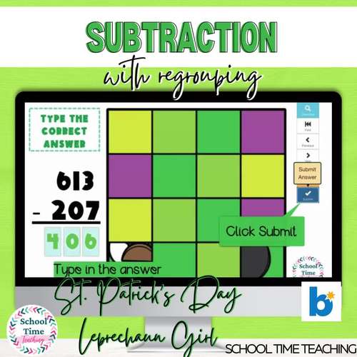 St Patricks Day Subtraction Girl Uncover the Picture Puzzle BOOM Cards