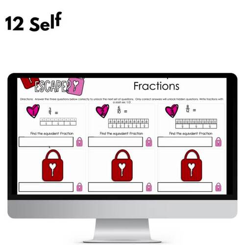 Equivalent Fractions Valentines Day Worksheet & Digital Escape Activity