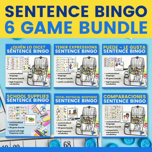 Sentence Bingo for Spanish class BUNDLE 6 games for Novice Spanish