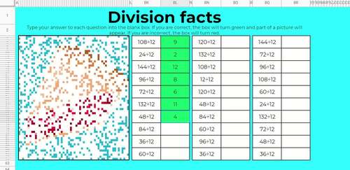 12s DIVISION Pixel Art Math Digital Mystery Pictures Google Sheets