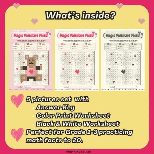 Valentine's Day Color by Code: Mystery Pictures Math (grade1-3)