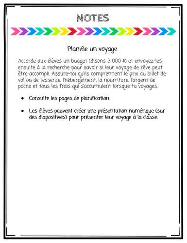 Plan a vacation Planifie un voyage projet en français by Franco Resources