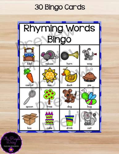 Rhyming Words Bingo Literacy Game for Preschool Pre-K Kindergarten
