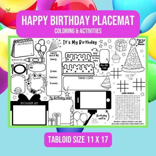 Happy Birthday Placemat, Birthday Activity by Twinklette | TPT
