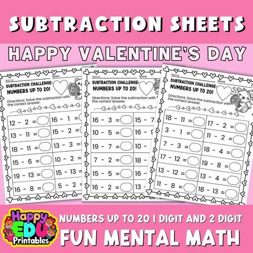 Valentine’s Day Subtraction Worksheets with Cute Animals | Numbers Up to 20