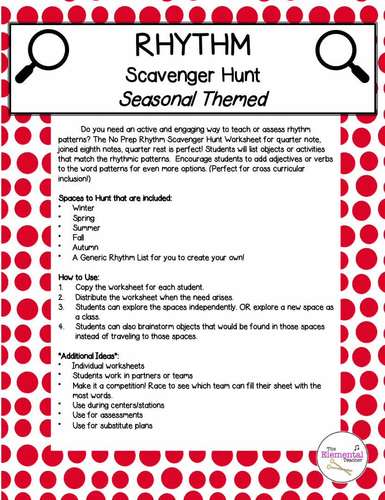 No Prep Rhythm Scavenger Hunt Music Worksheets Seasonal Themed | TPT