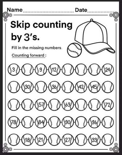 Skip counting by 3,5,7,9 & 11 with Baseball worksheet for 1st-2nd grade ...