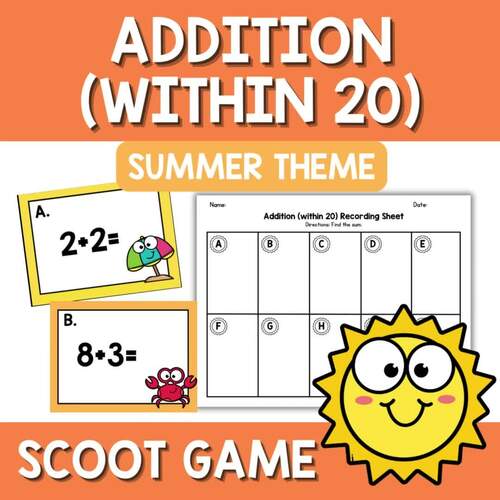 Summer Basic Addition within 20 Fact Fluency Scoot Game Task Cards Centers