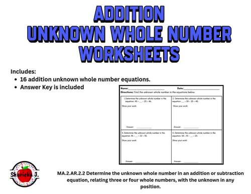 Addition Unknown Whole Number - MA.2.AR.2.2 by Sharieka J | TPT