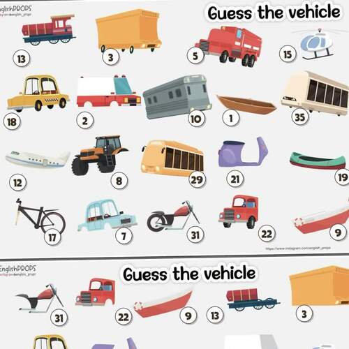 Vehicle/Transport Activities/Memory Game/Guessing Game by English PROPS