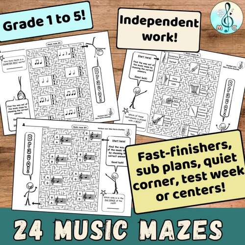 MUSIC MAZES: 24 music worksheets for review, no prep sub plans, quiet ...