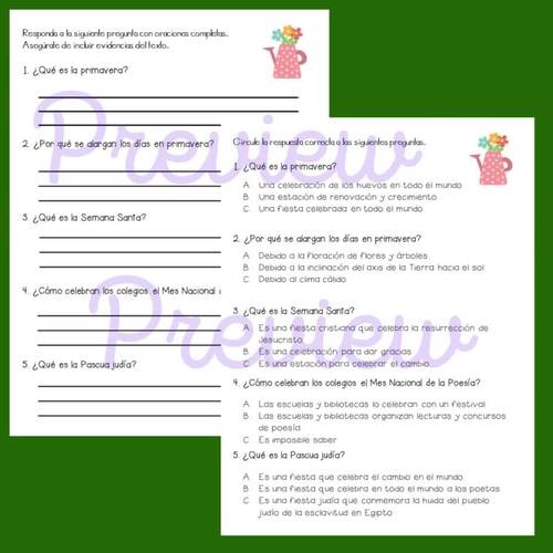 Primavera -Pasaje de comprensión lectora by Bilingual Teaching Made Easy