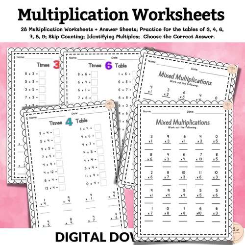2nd and 3rd Grade Multiplication Worksheets, Tables of 3, 4, 6, 7, 8, and 9