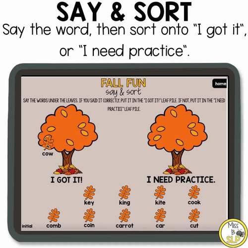 Fall Fun Articulation Say & Sort - Digital Speech Progress Monitoring