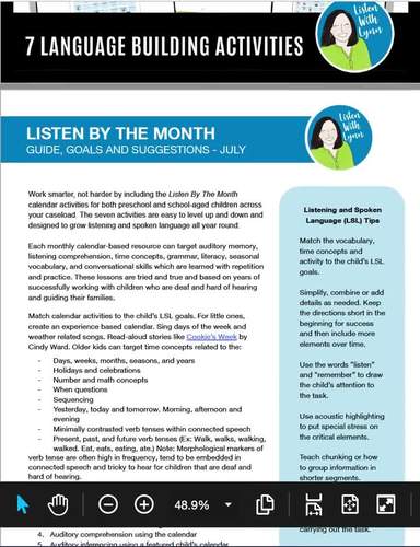 JULY Listening Vocabulary & Comprehension Activities DHH Hearing Loss