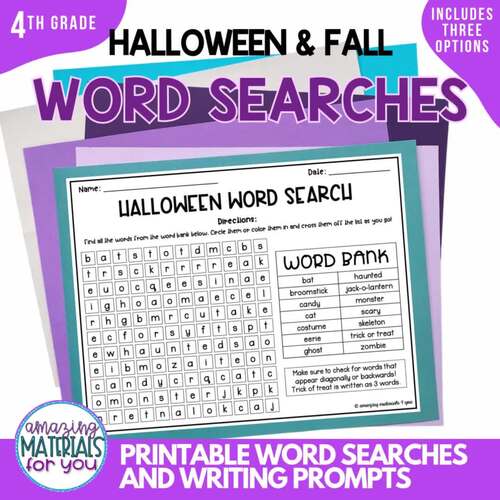 Halloween and Fall Print and Go Word Searches and Writing Prompts