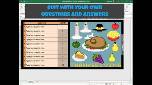 Pixel Art Thanksgiving Editable Activity For Excel | Digital Self ...