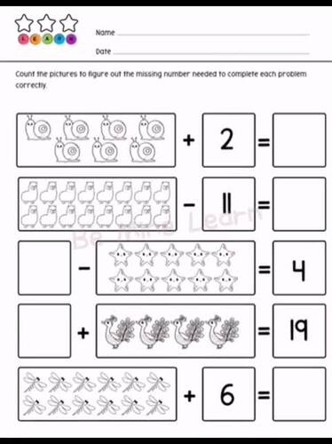 Missing Numbers up to 20 with Pictures (mixed addition and subtraction ...