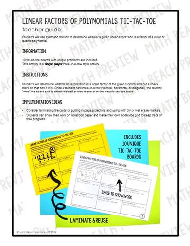 Linear Factors of Polynomials Tic-Tac-Toe Activity (Synthetic Division)