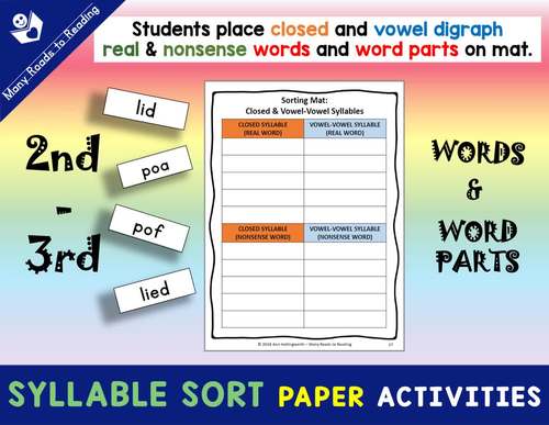 Closed and Vowel Digraph Syllables Worksheets Grades 2-3 | TPT