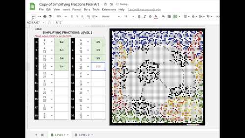 Simplifying Fractions Digital Pixel Art Google Sheets Math Activity