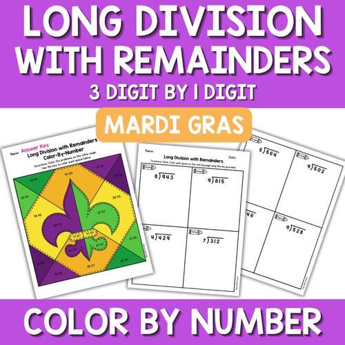Mardi Gras Long Division with Remainders Color by Number Craft Coloring ...