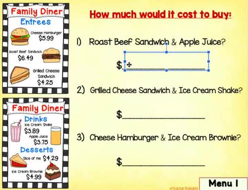 ADDING DECIMALS & RESTAURANT MENU MATH Google Slides by Teacher Features